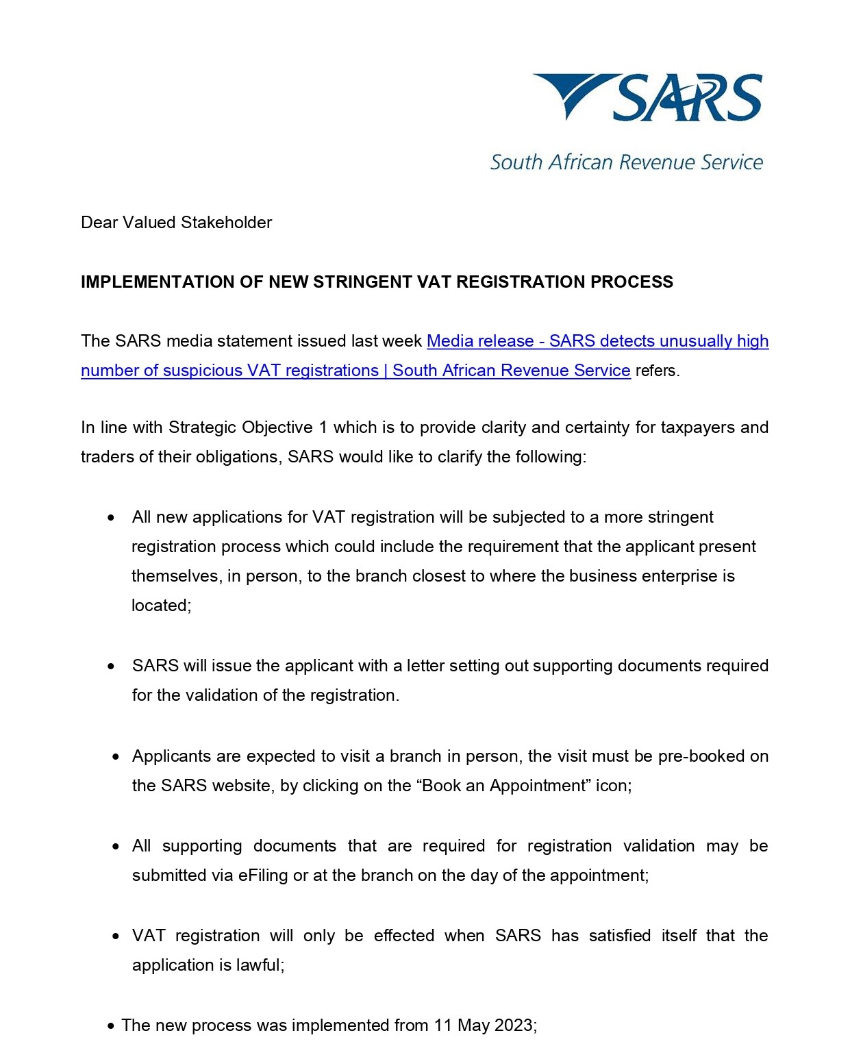 SARS Notice: Implementation of New Stringent VAT Registration Process ...